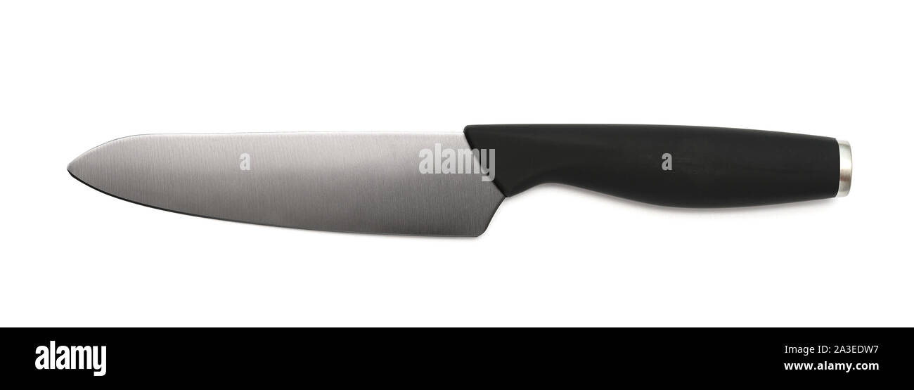 top view stainless steel knife with black handle on white background ...