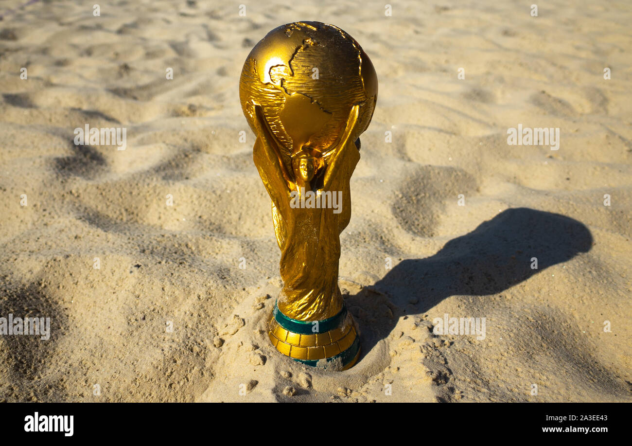 May 30, 2019. Doha, Qatar. FIFA World Cup trophy on sand. FIFA World ...