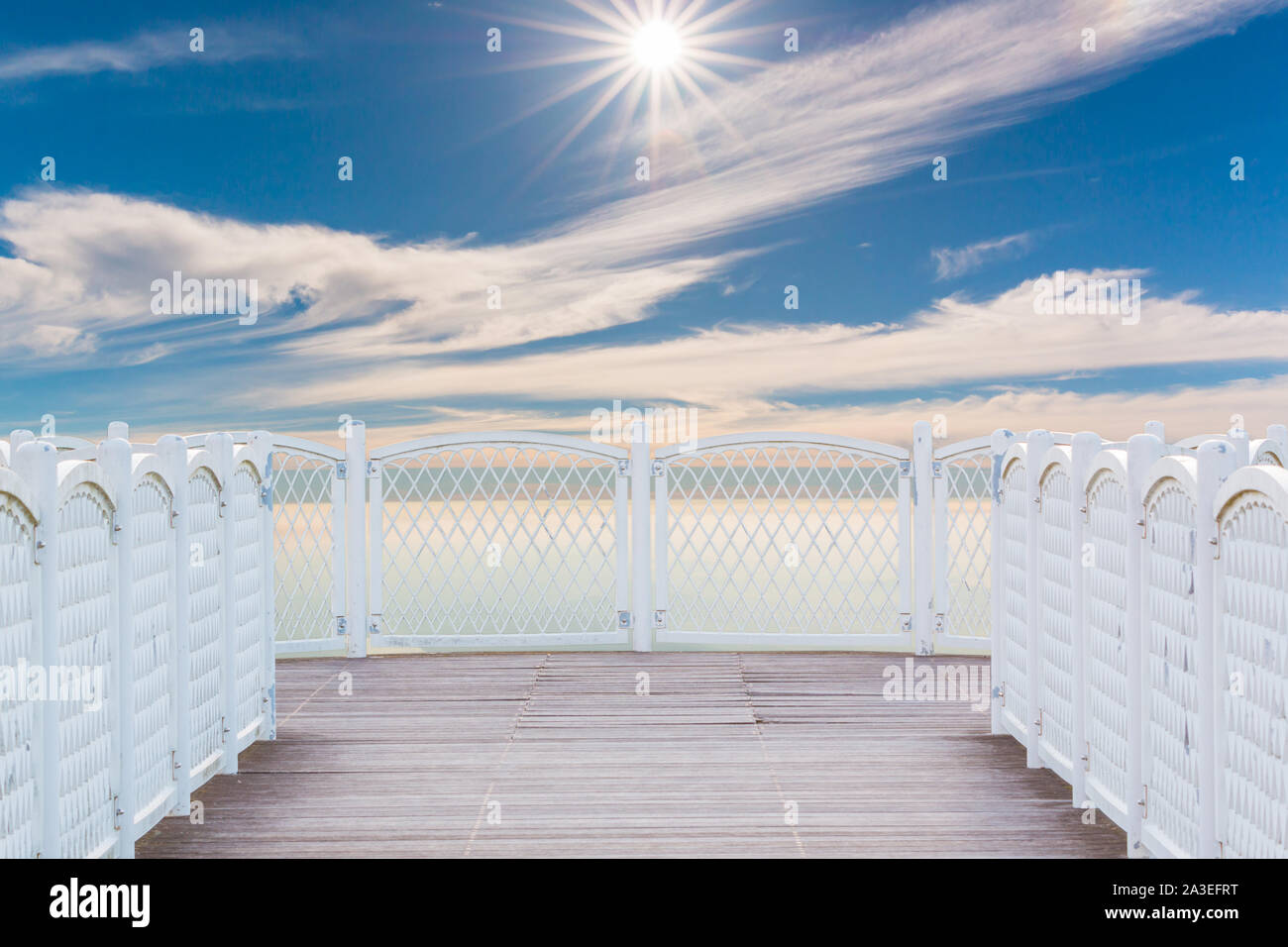White balcony with perspective wood floor on nature sky background ...