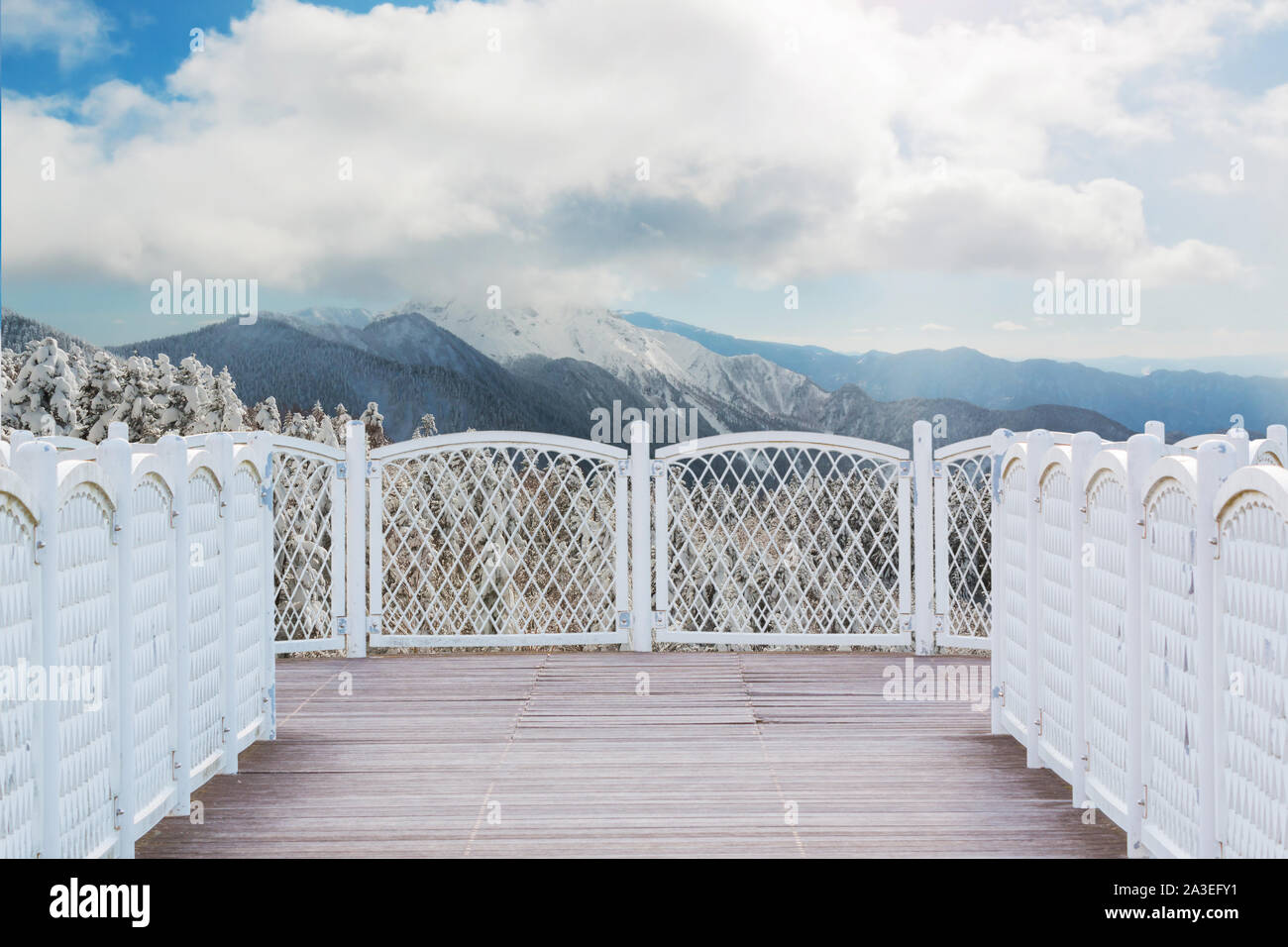 White balcony with perspective wood floor on nature background Stock ...