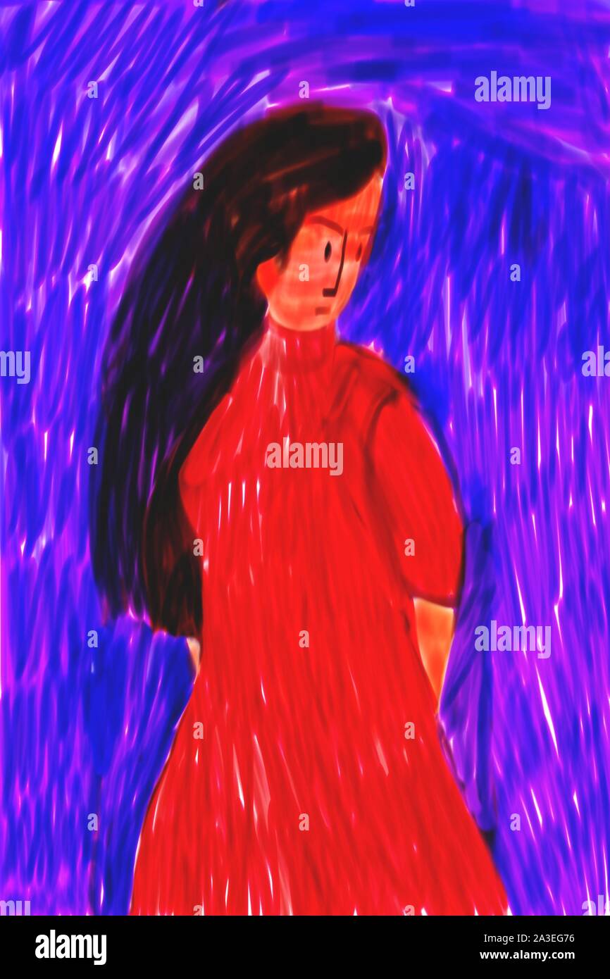 Girl in red dress. Hand drawn digital illustration Stock Photo - Alamy