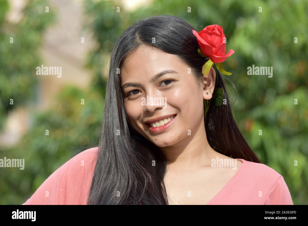 Asian Female And Happiness With Flowers Stock Photo - Alamy