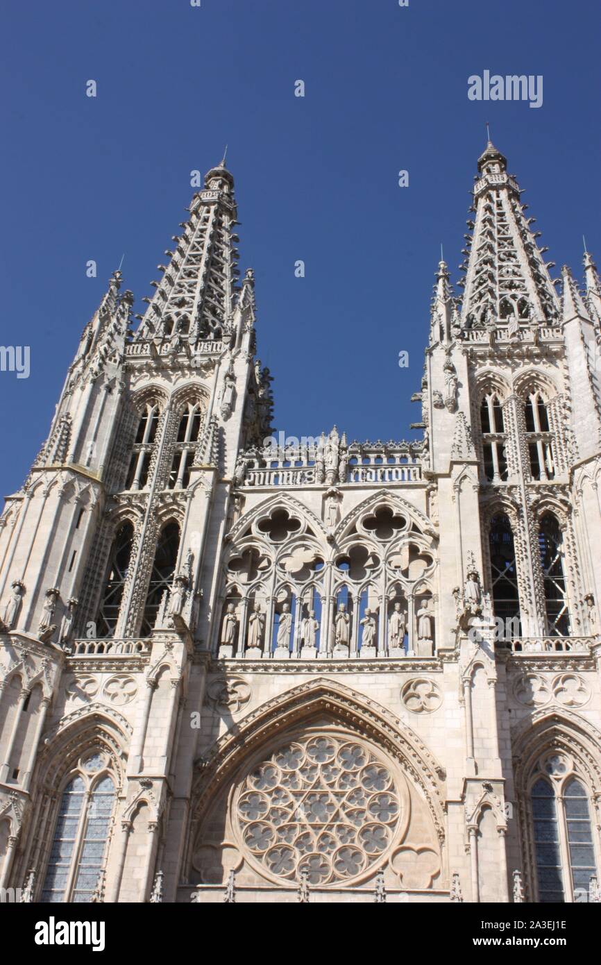 Burgos, Spain - The western front of the cathedral at 7pm Stock Photo ...