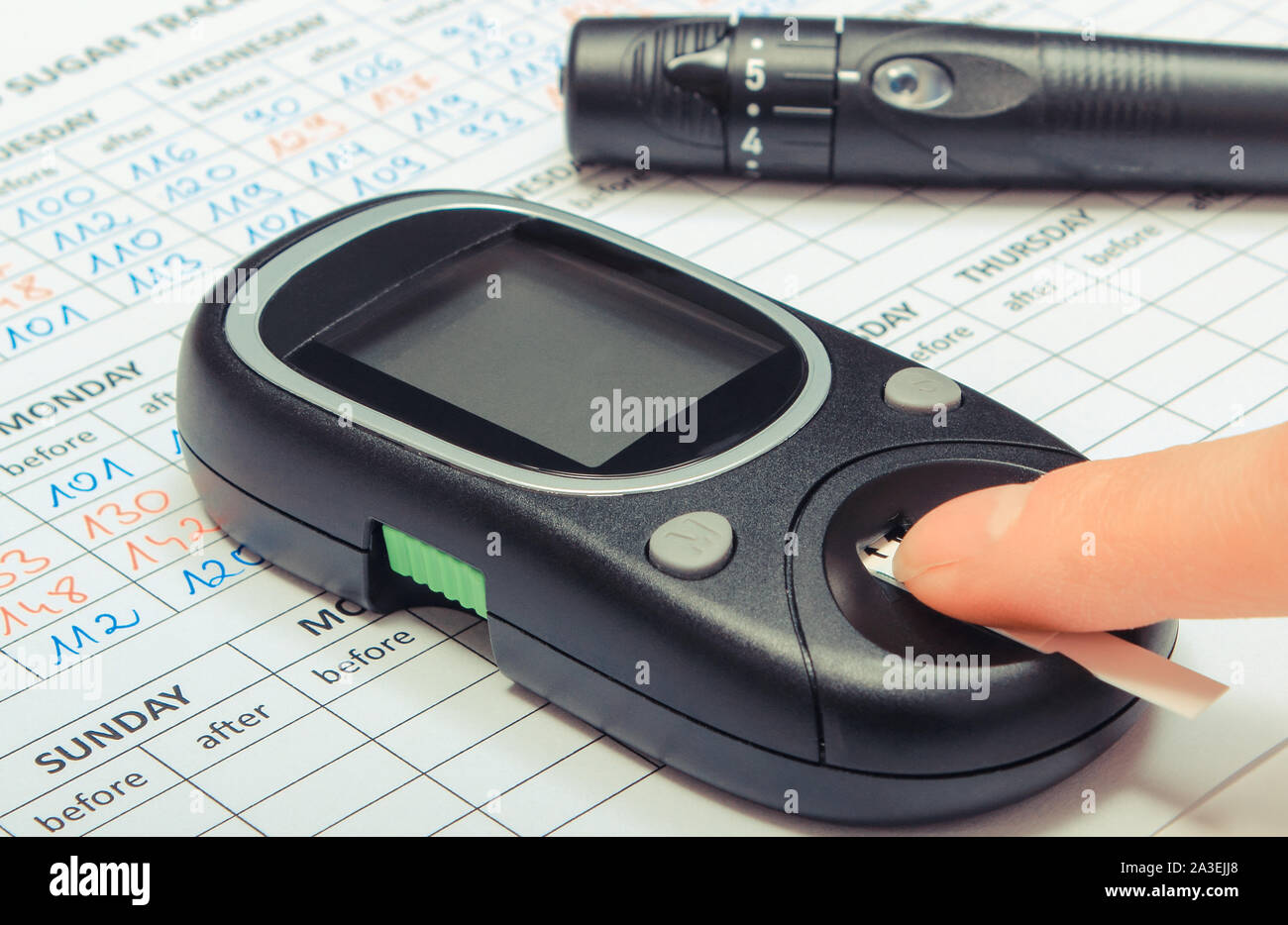 Glucose meter and measuring sugar level. Diabetes and healthy lifestyle ...