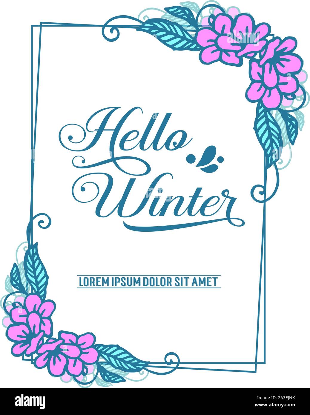 Handwritten text of hello winter, with beautiful blue leafy flower ...