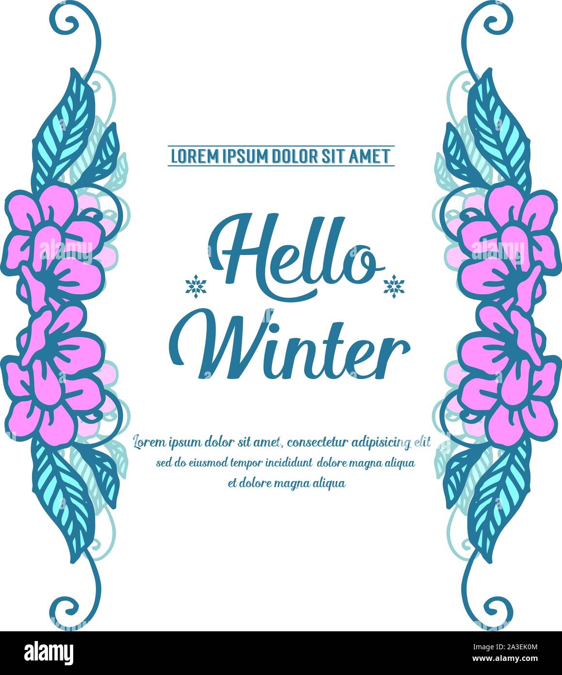Card hello winter, with ornament of blue leafy floral frame background ...