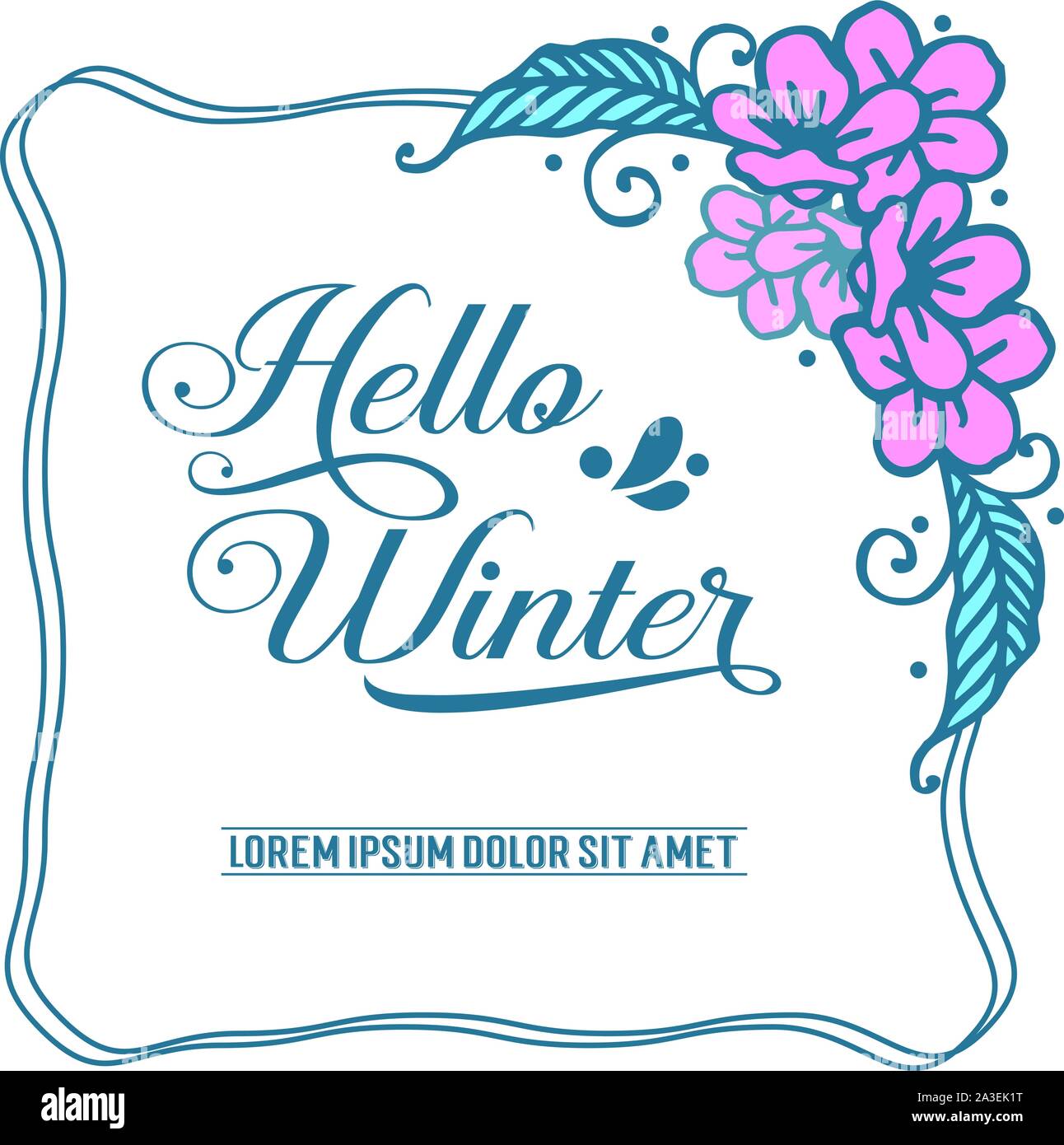 Card hello winter, with ornament of blue leafy floral frame background ...