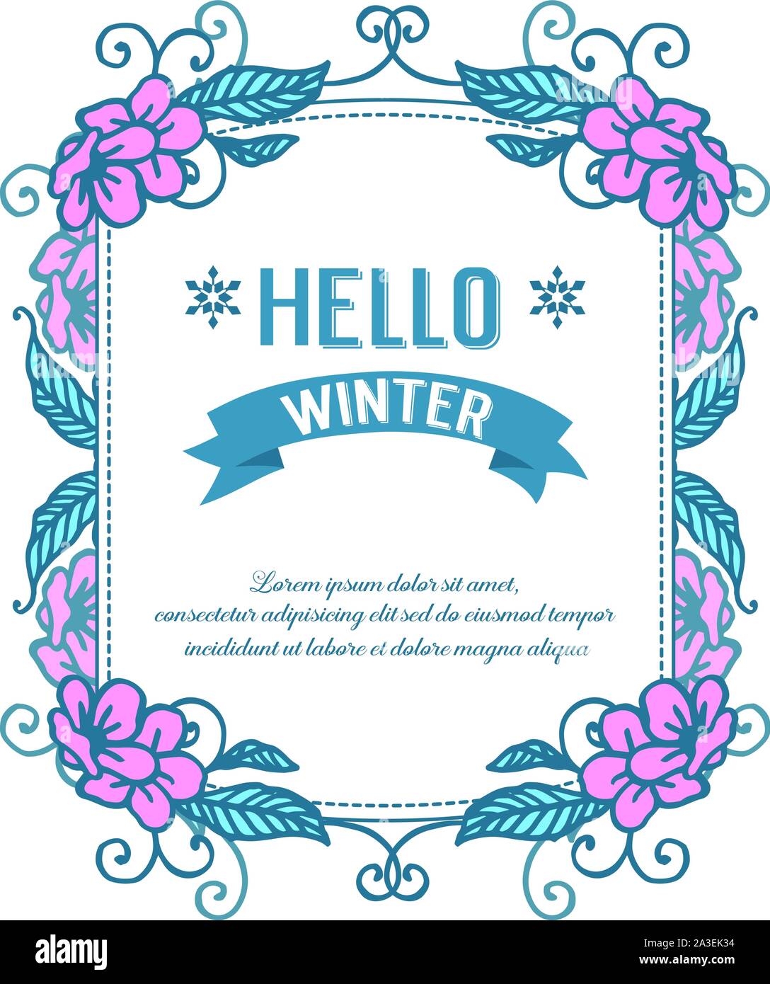 Elegant card of hello winter, with pattern of pink flower frame. Vector ...