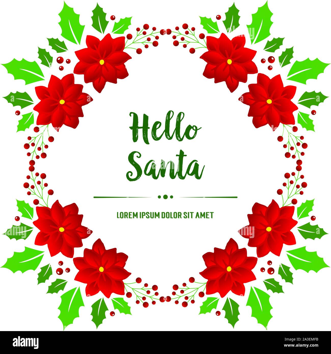 Lettering hello santa, with red flower frame, isolated on white ...
