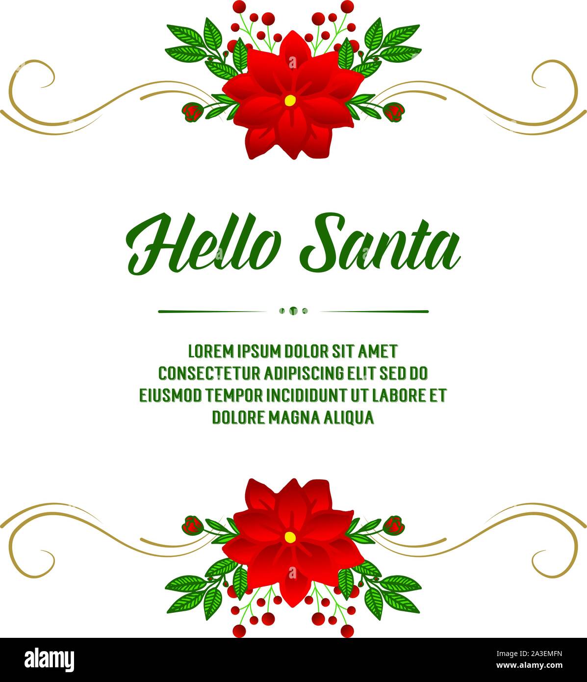 Lettering hello santa, with red flower frame, isolated on white ...