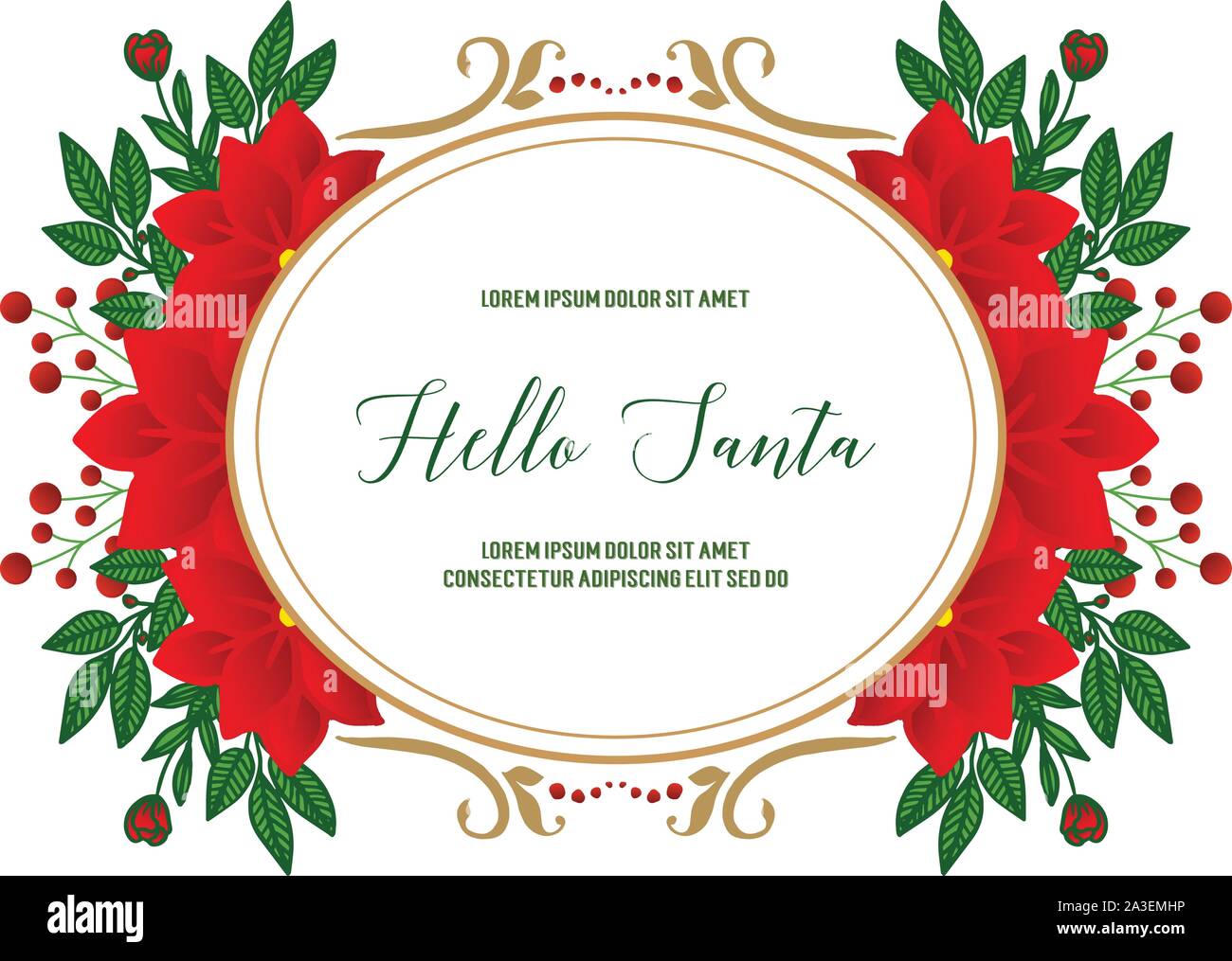 Lettering hello santa, with red flower frame, isolated on white ...