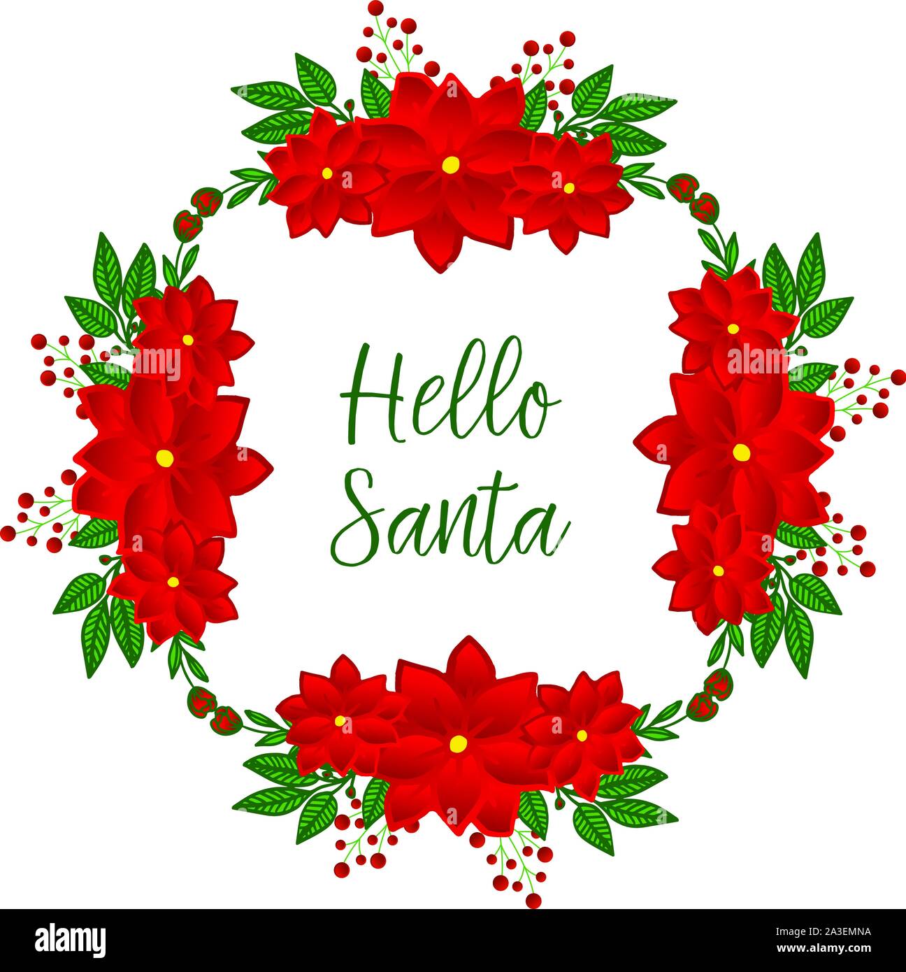 Handwritten of hello santa with decorative of red flower frame. Vector ...