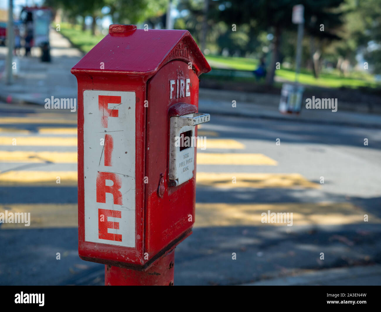 Outdoor fire alarm call box at urban intersection Stock Photo - Alamy