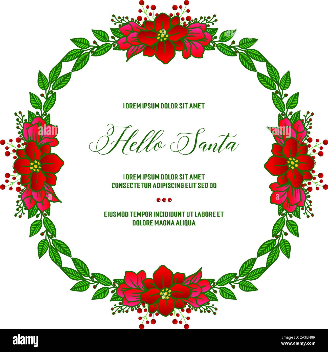 Lettering text of hello santa, with design red flower frame. Vector ...