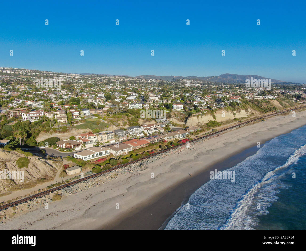 Aerial view of San Clemente coastline town and beach, Orange County ...