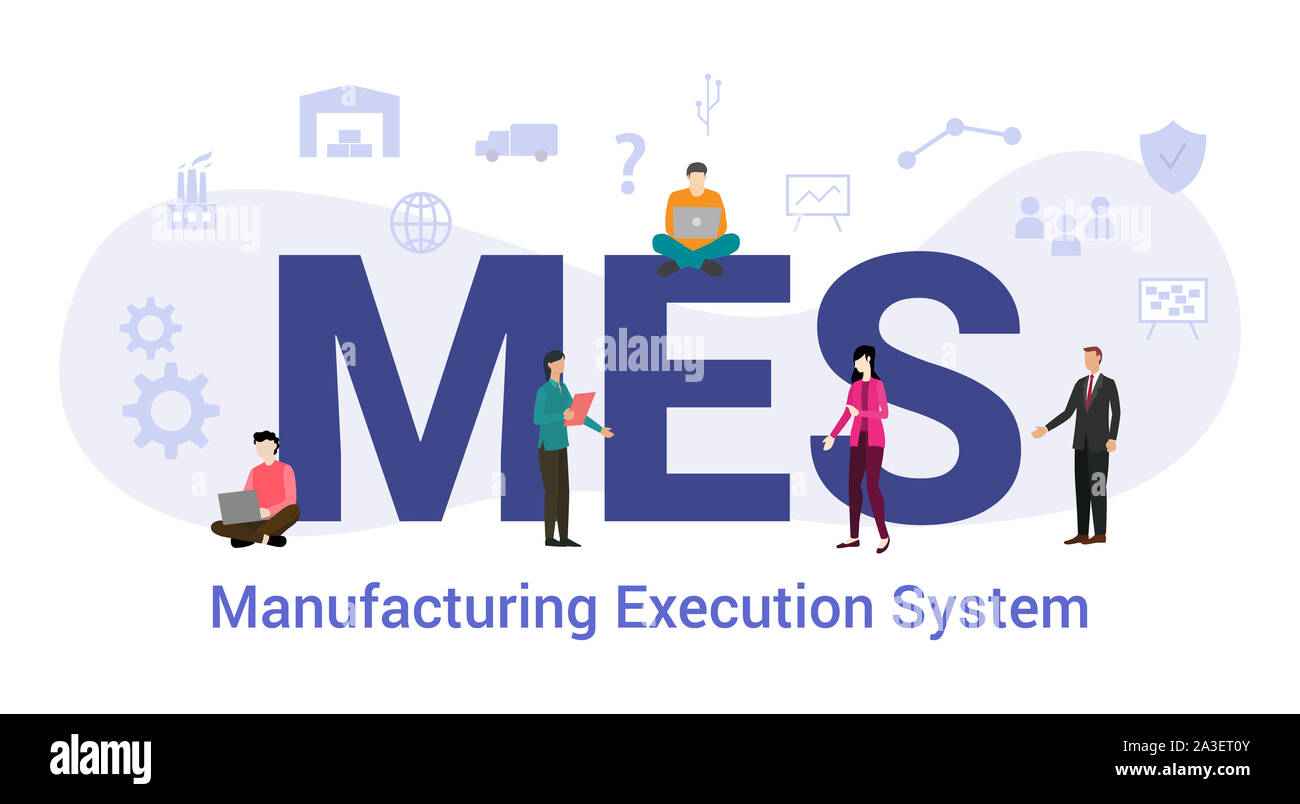 mes manufacturing execution system concept with big word or text and team people with modern ...