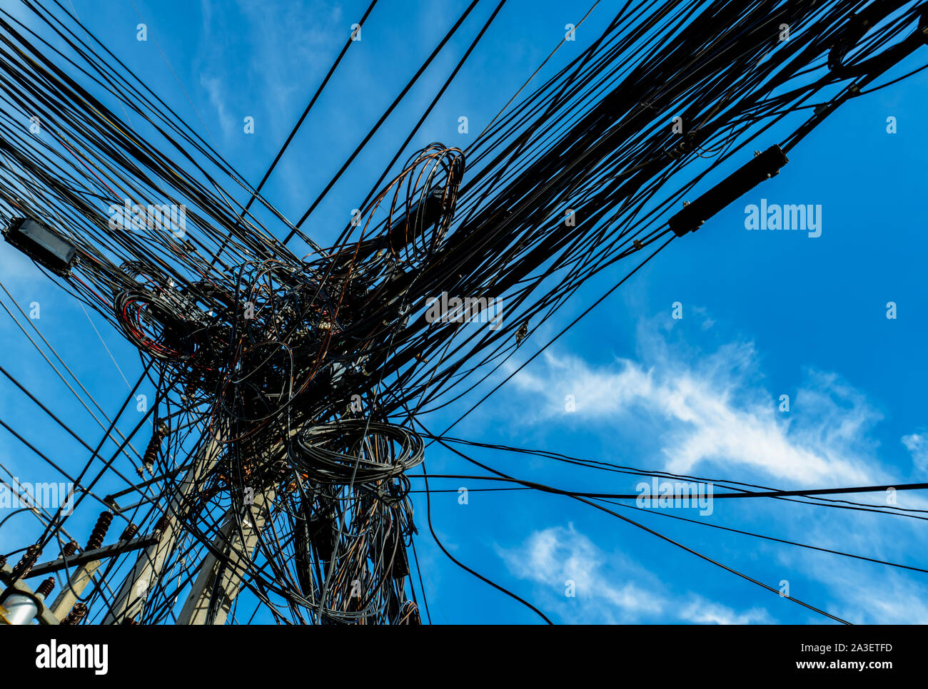 Tangled electrical wires on urban electric pole. Disorganized and messy ...