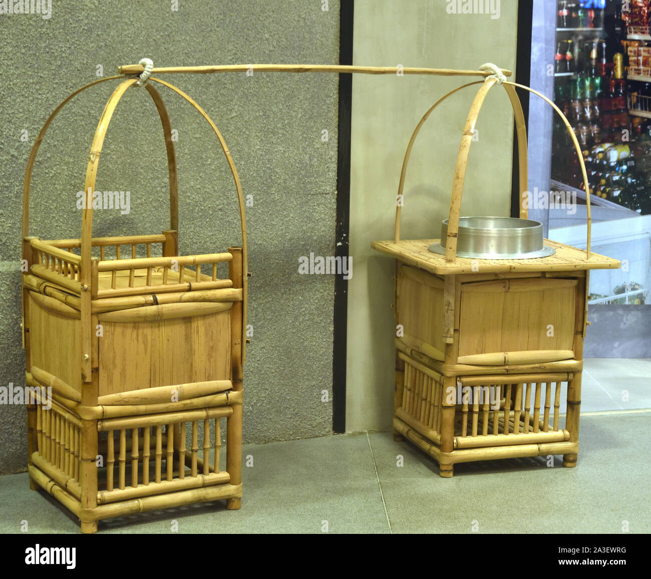 Replica of bamboo tool kit street sake sellers used during Edo period ...