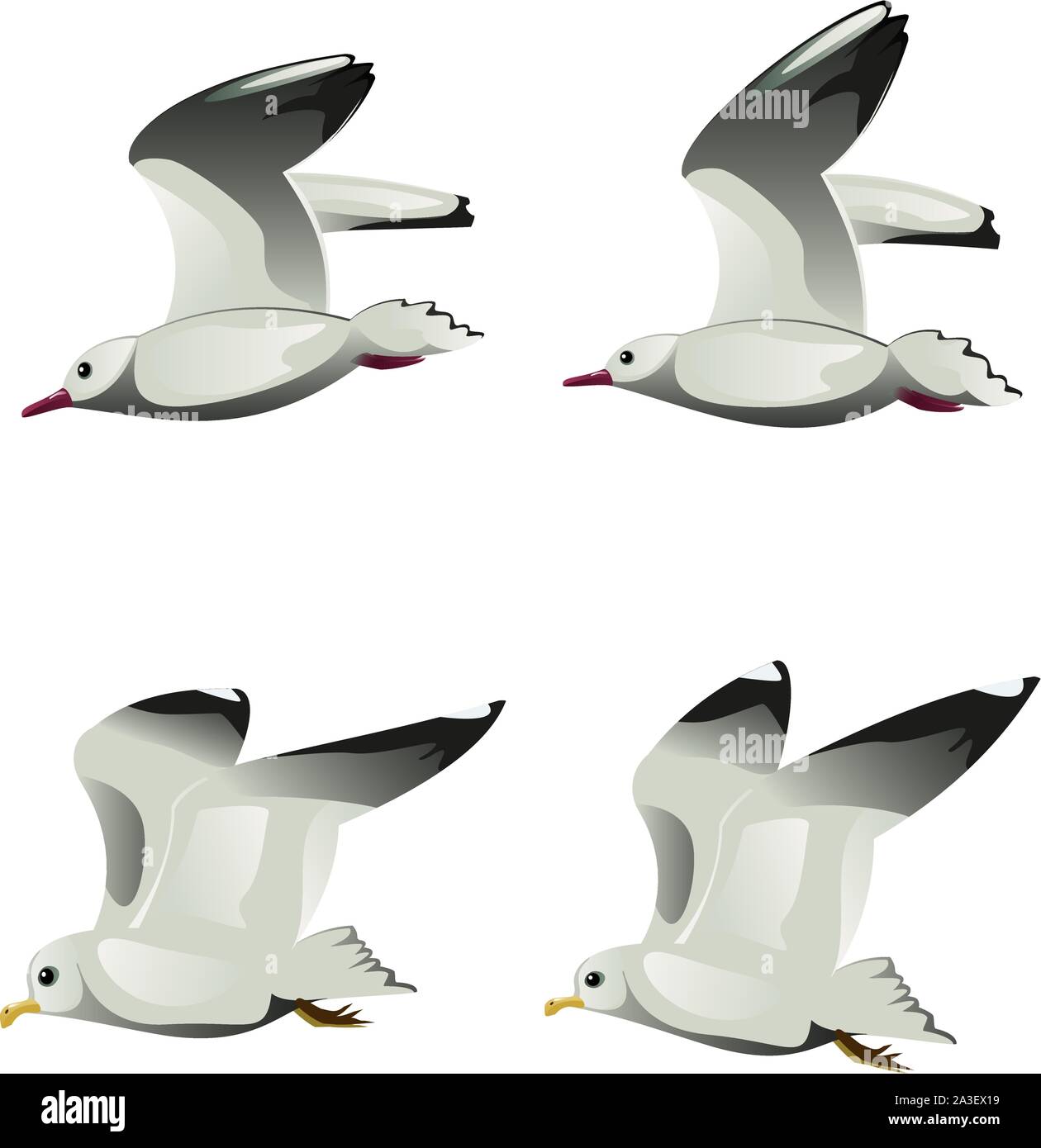 Abstract cartoon flying seagulls illustration on white background Stock ...