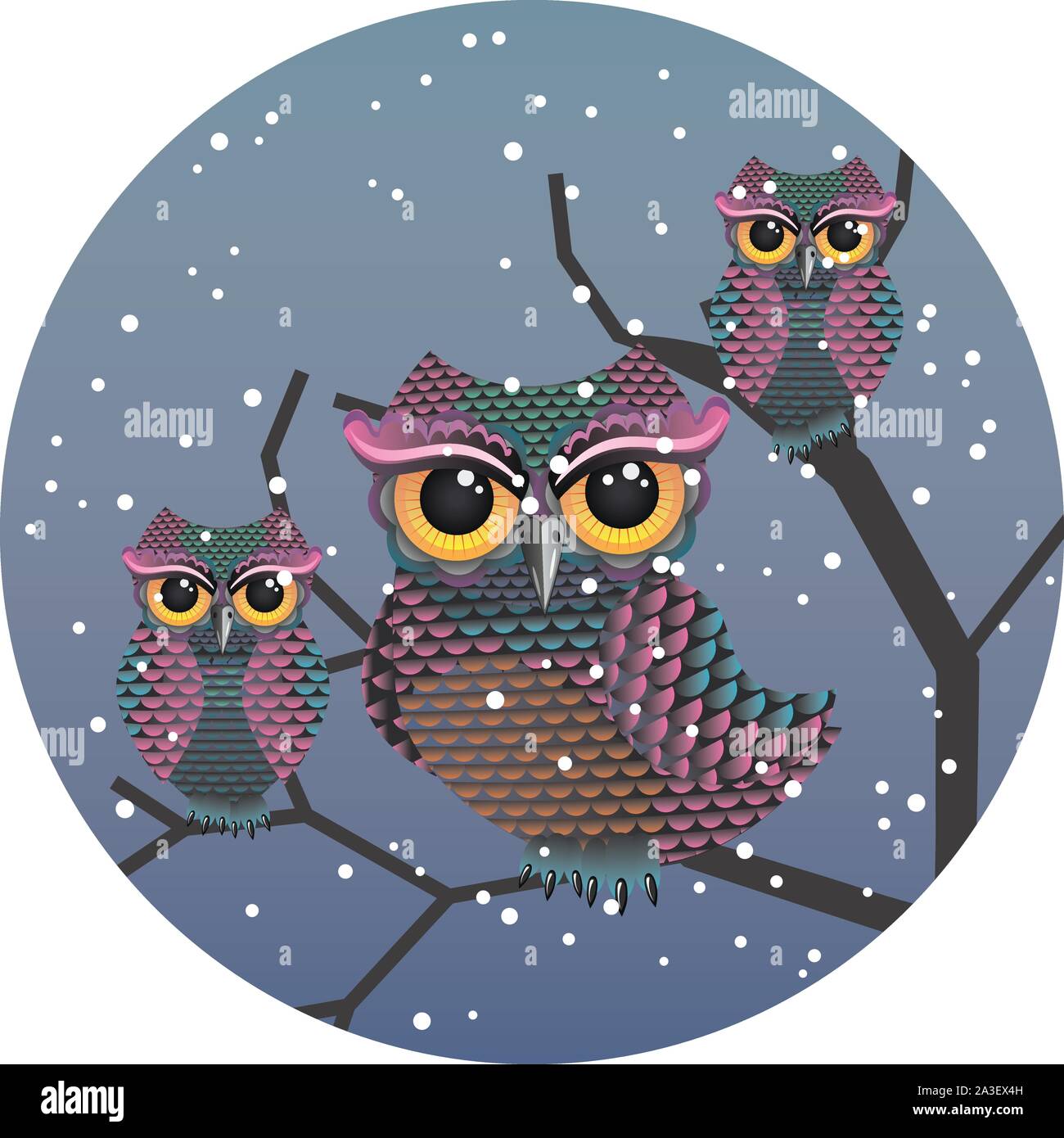 Mother owl and two baby owls sitting on a tree branch Stock Vector Image & Art - Alamy