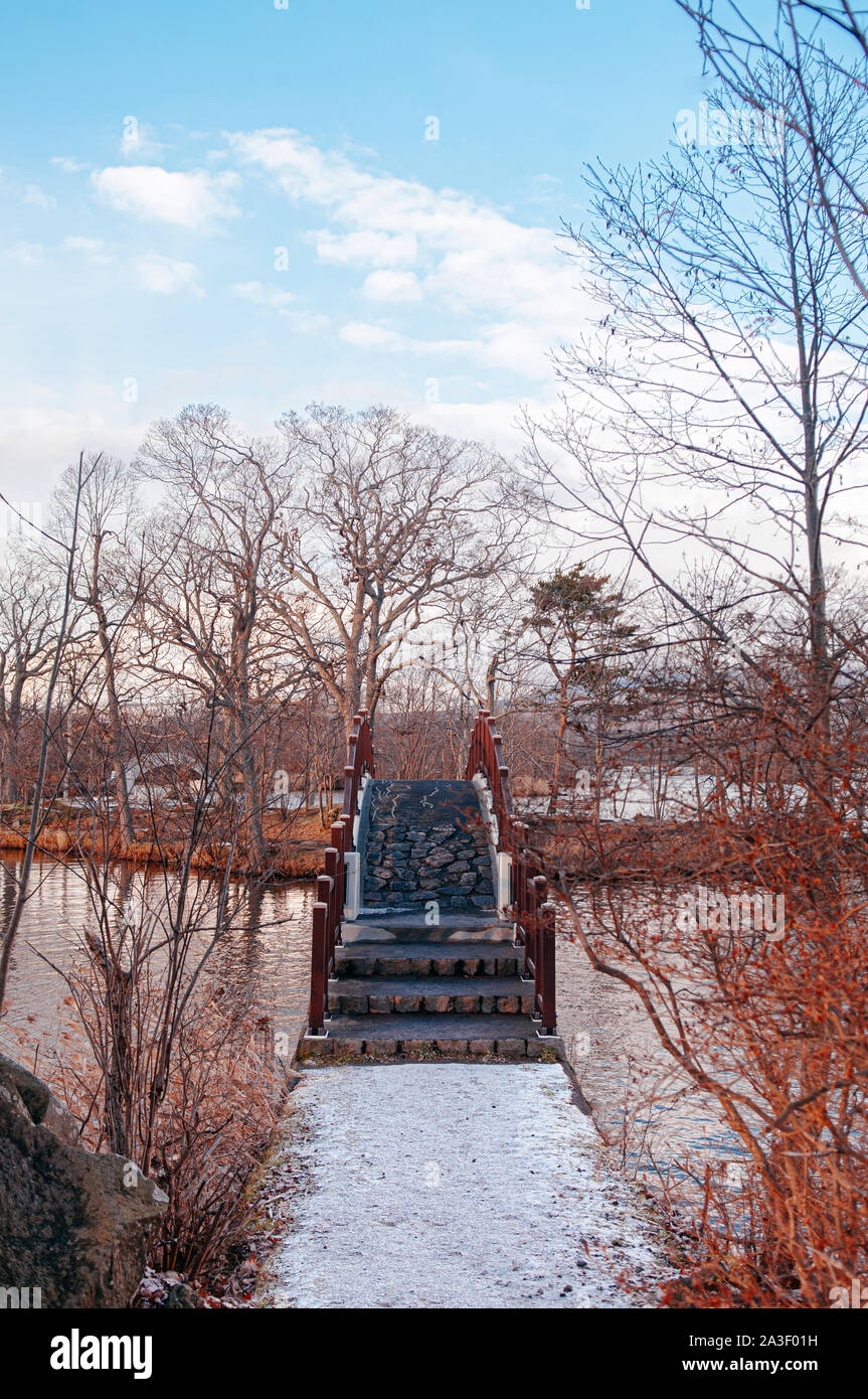 Onuma Koen Quasi -National park nature trail bridge in peaceful cold ...