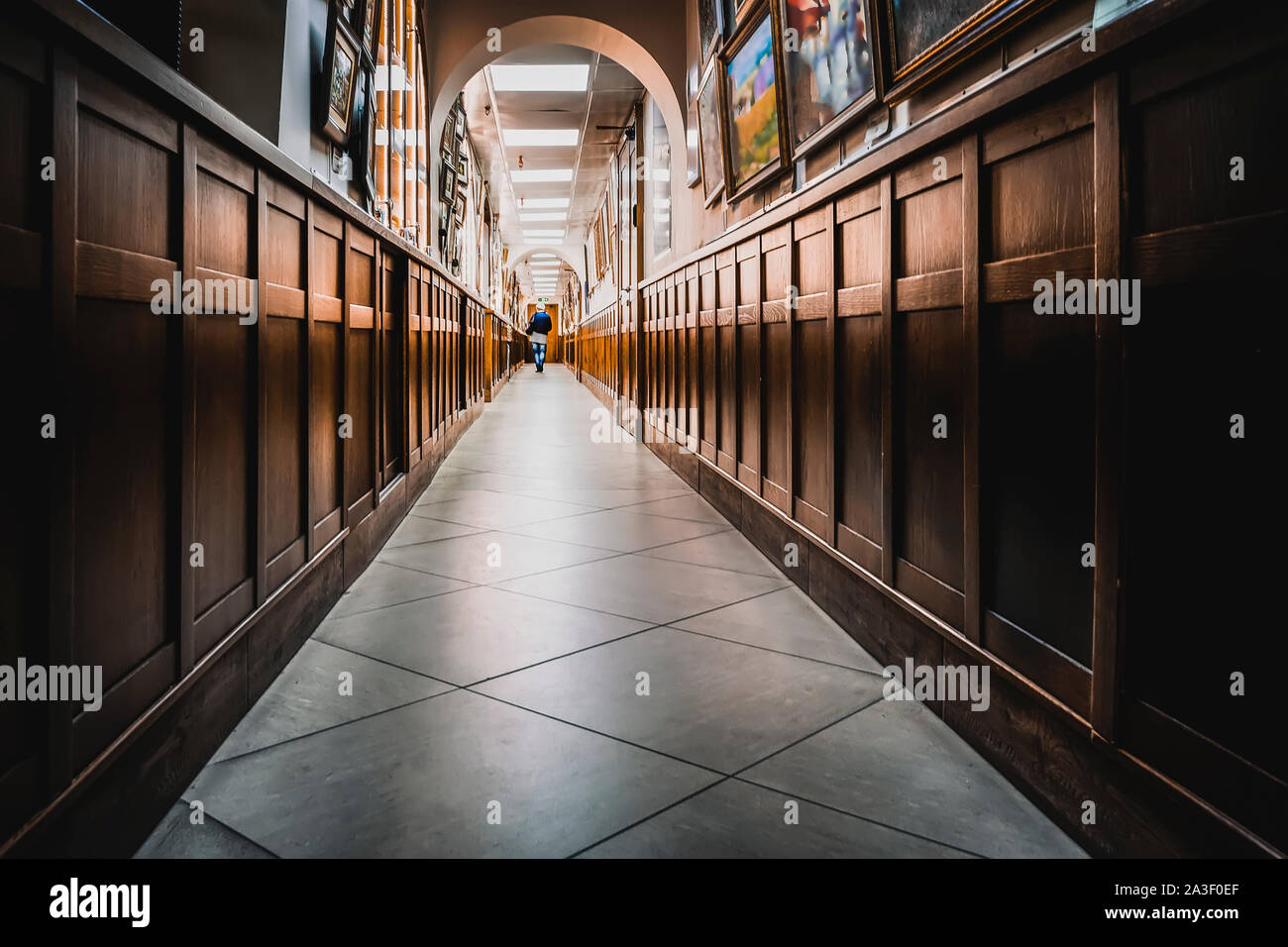 Abstract long hallway, architecture perspective indoors, vintage ...