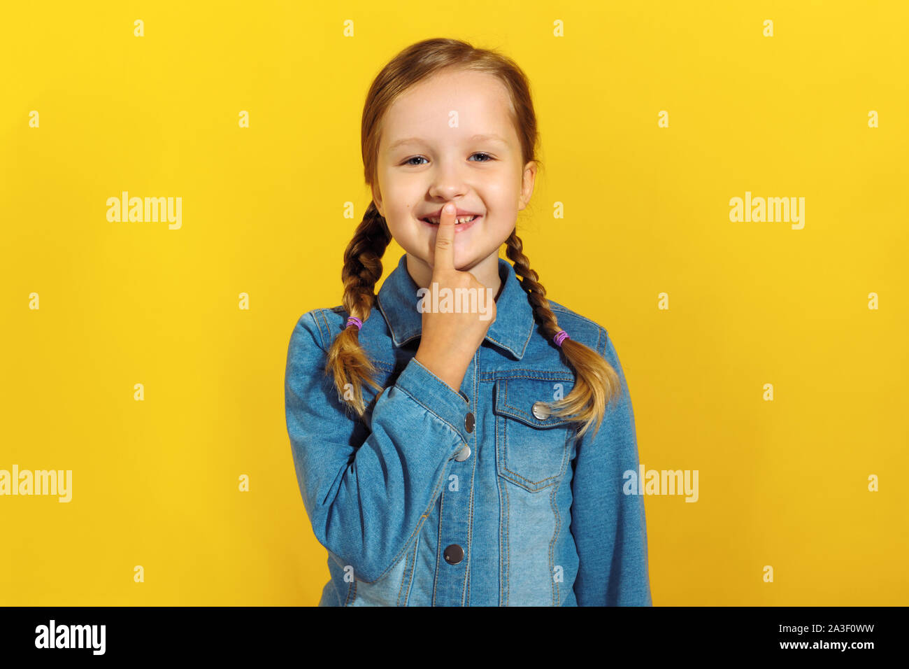 Portrait of a cute attractive little girl in a denim shirt. Child ...