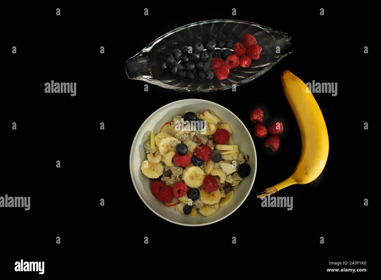 Fuite and mousse on flat wood and white background. A breakfast ready ...