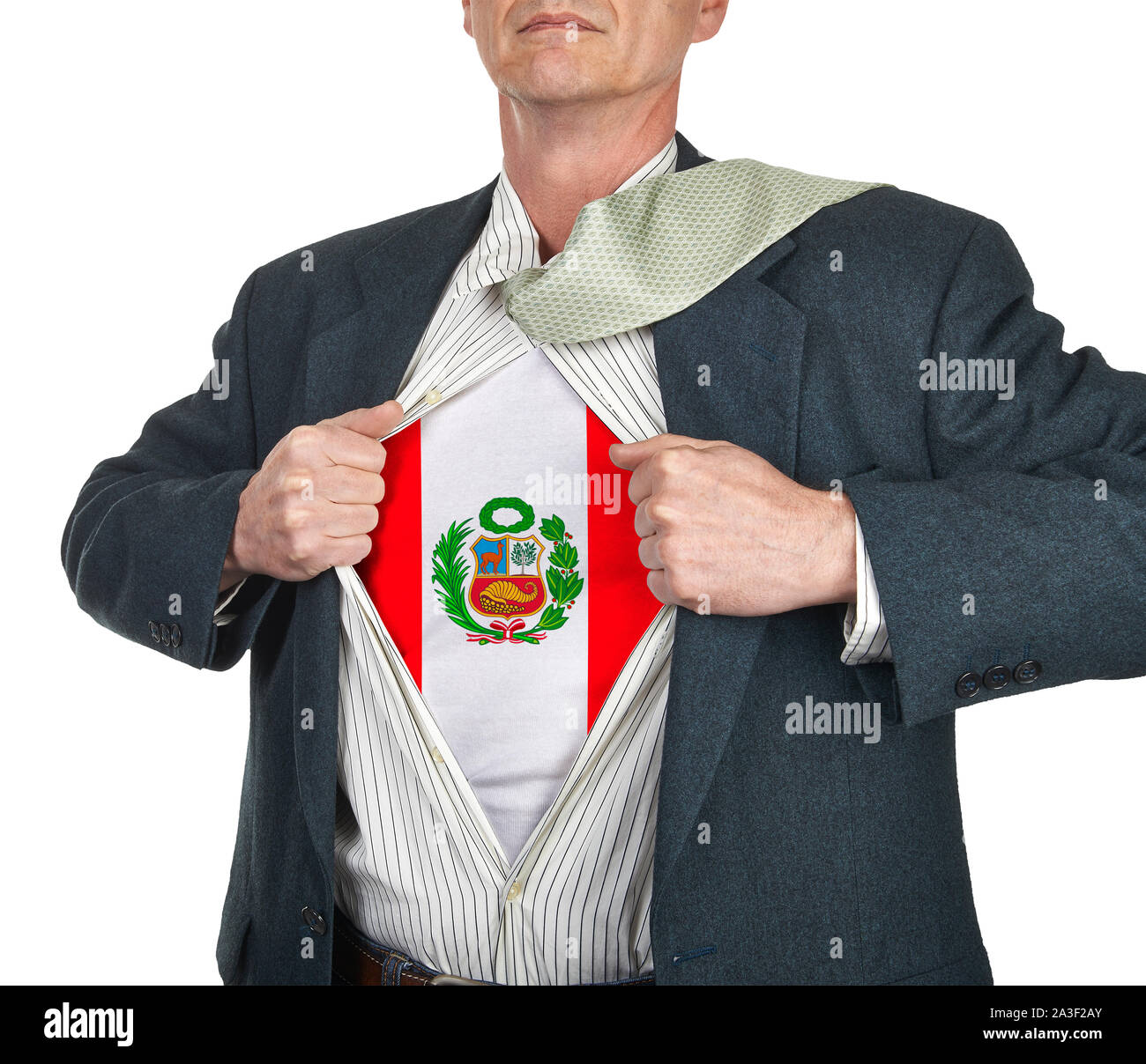 Businessman showing Peru flag superhero suit underneath his shirt ...