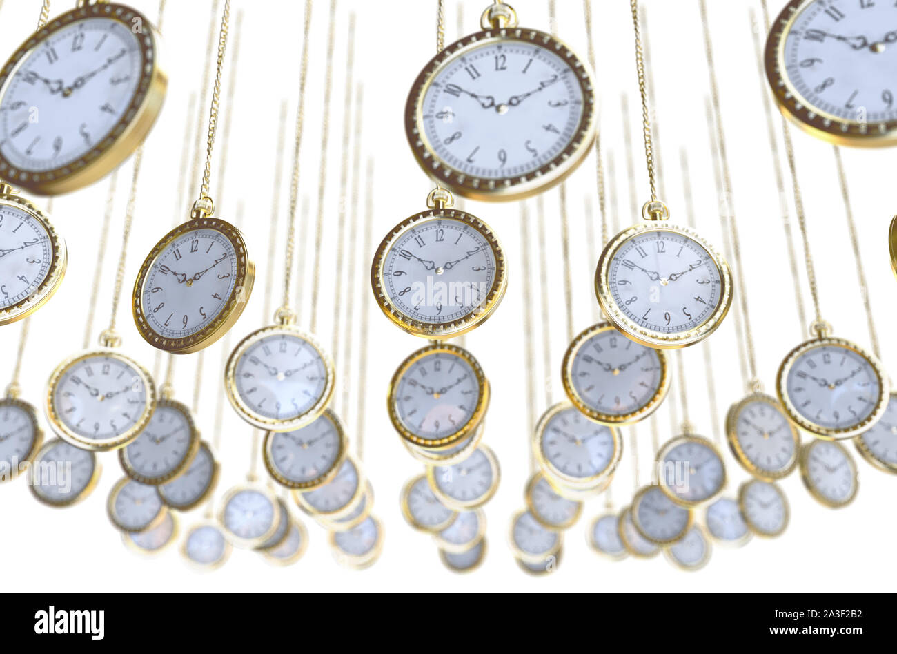 An array of intricate gold antique pocket watches hanging by their ...