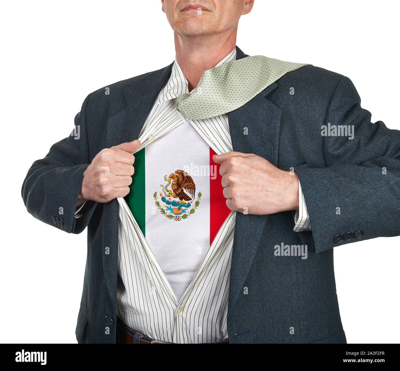 Businessman showing Mexico flag superhero suit underneath his shirt ...