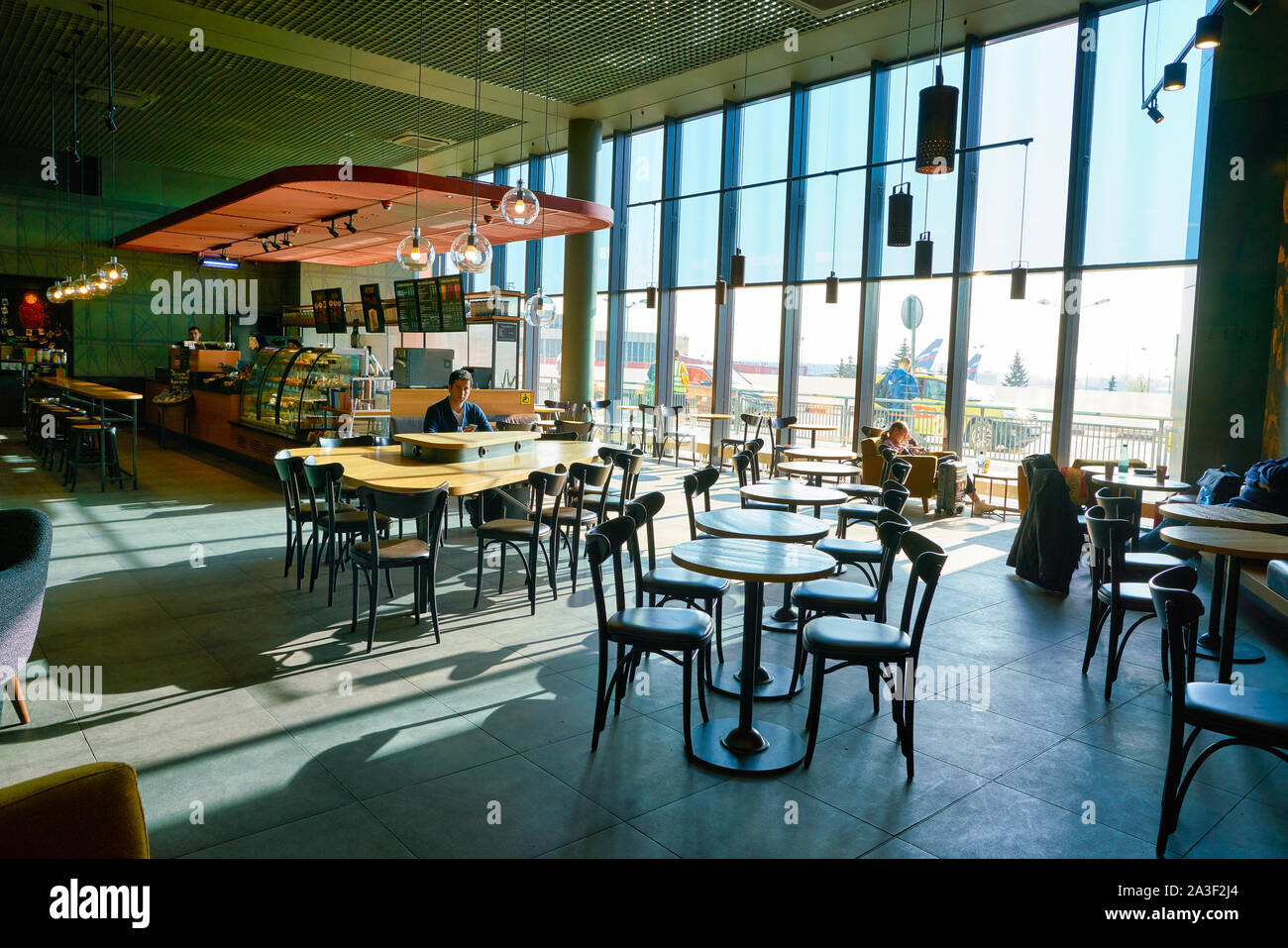 MOSCOW, RUSSIA - CIRCA MAY, 2019: interior shot of Starbucks Coffee in ...