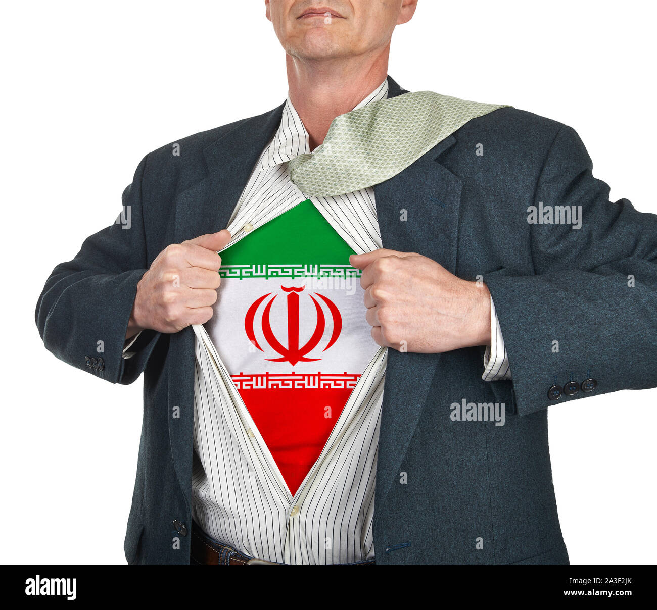 Businessman showing Iran flag superhero suit underneath his shirt ...