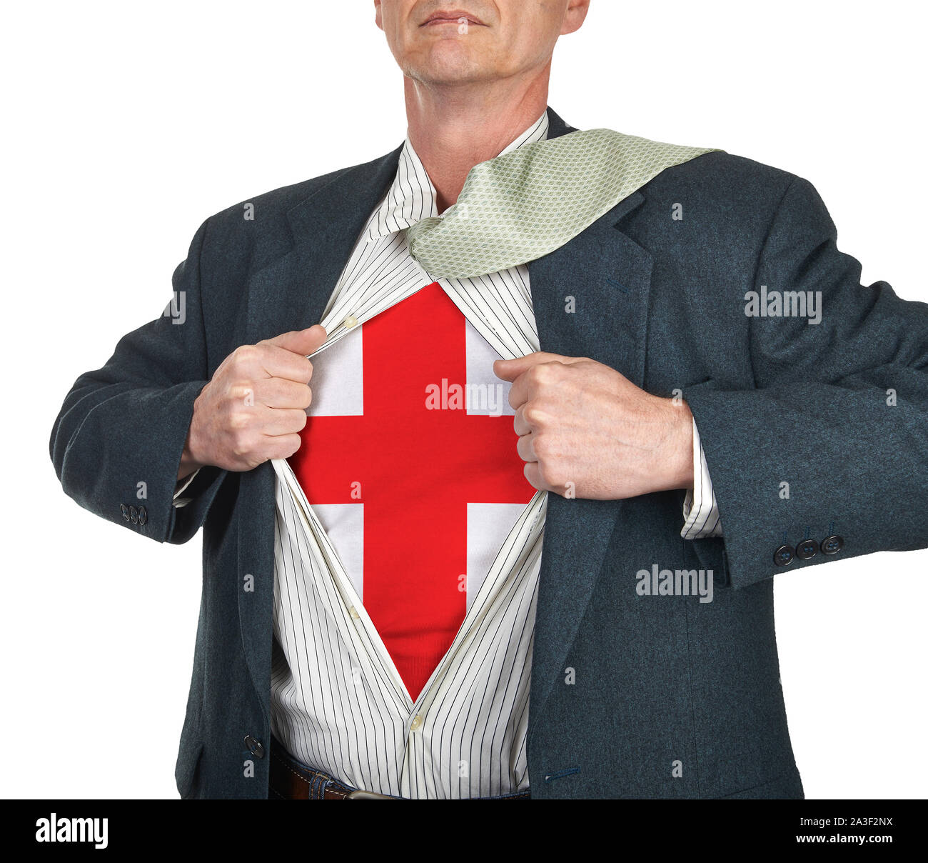 Businessman showing England flag superhero suit underneath his shirt ...