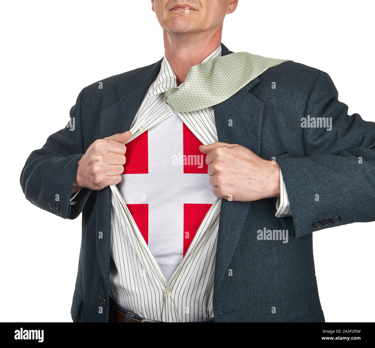 Businessman showing Denmark flag superhero suit underneath his shirt ...