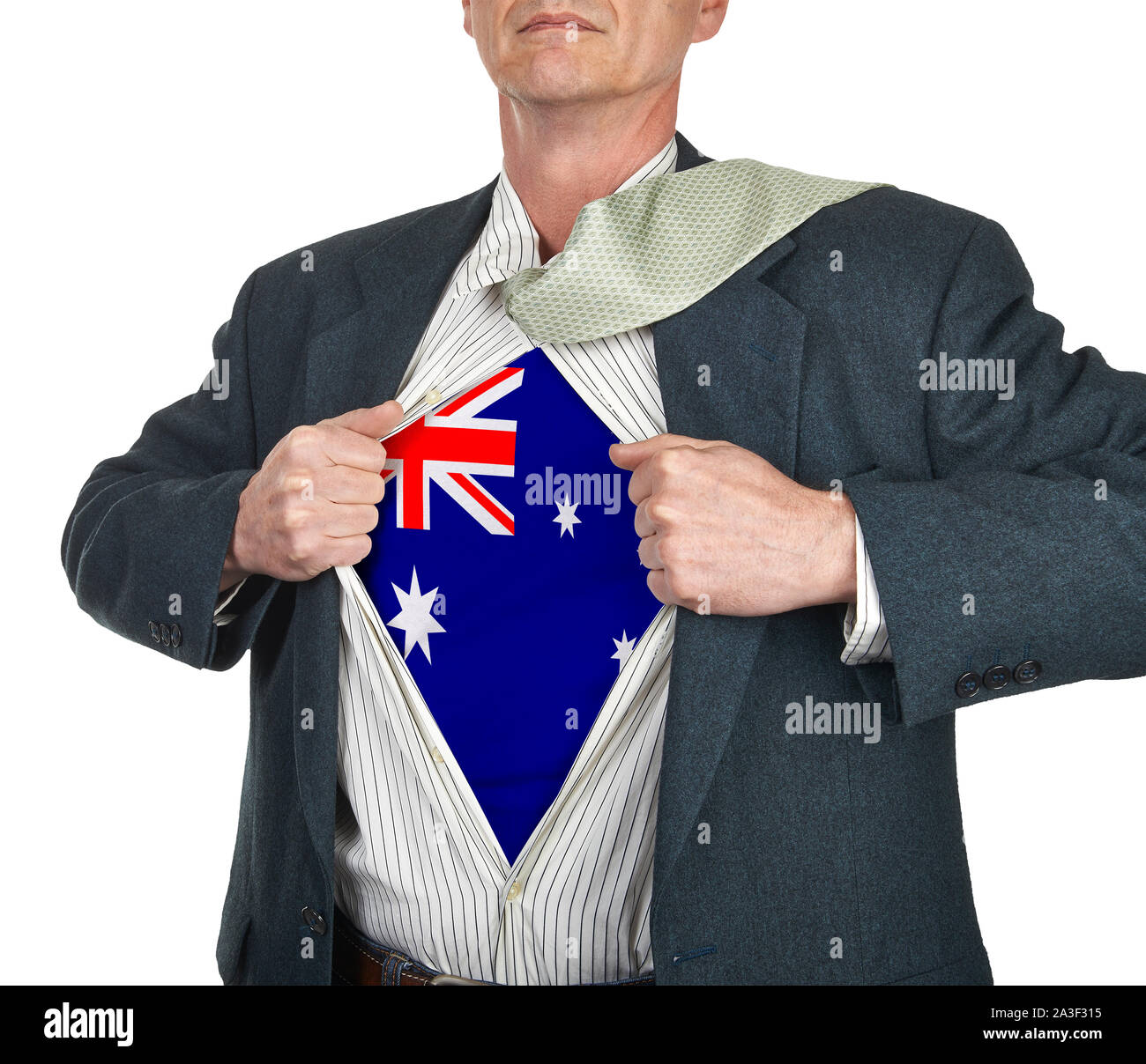 Businessman showing Australia flag superhero suit underneath his shirt ...