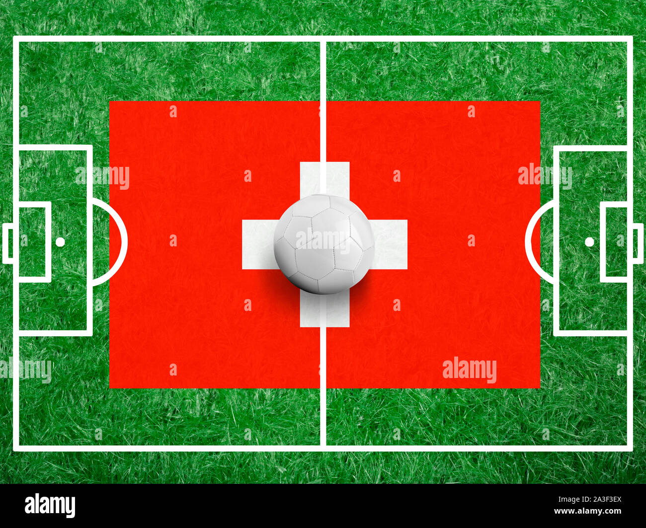 Soccer ball with a flag of Switzerland on green grass and field Lines ...