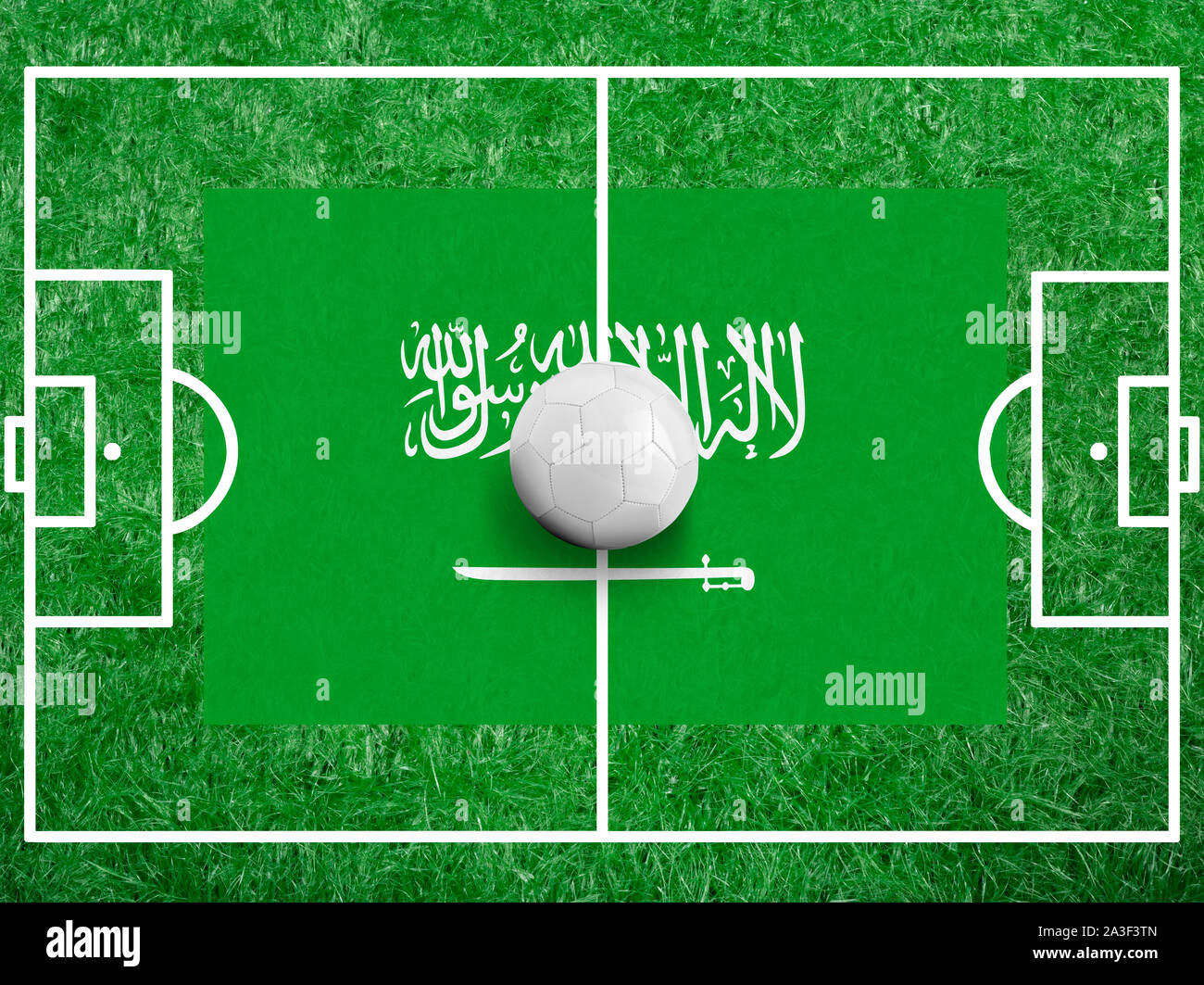 Soccer ball with a flag of Saudi Arabia on green grass and field Lines ...