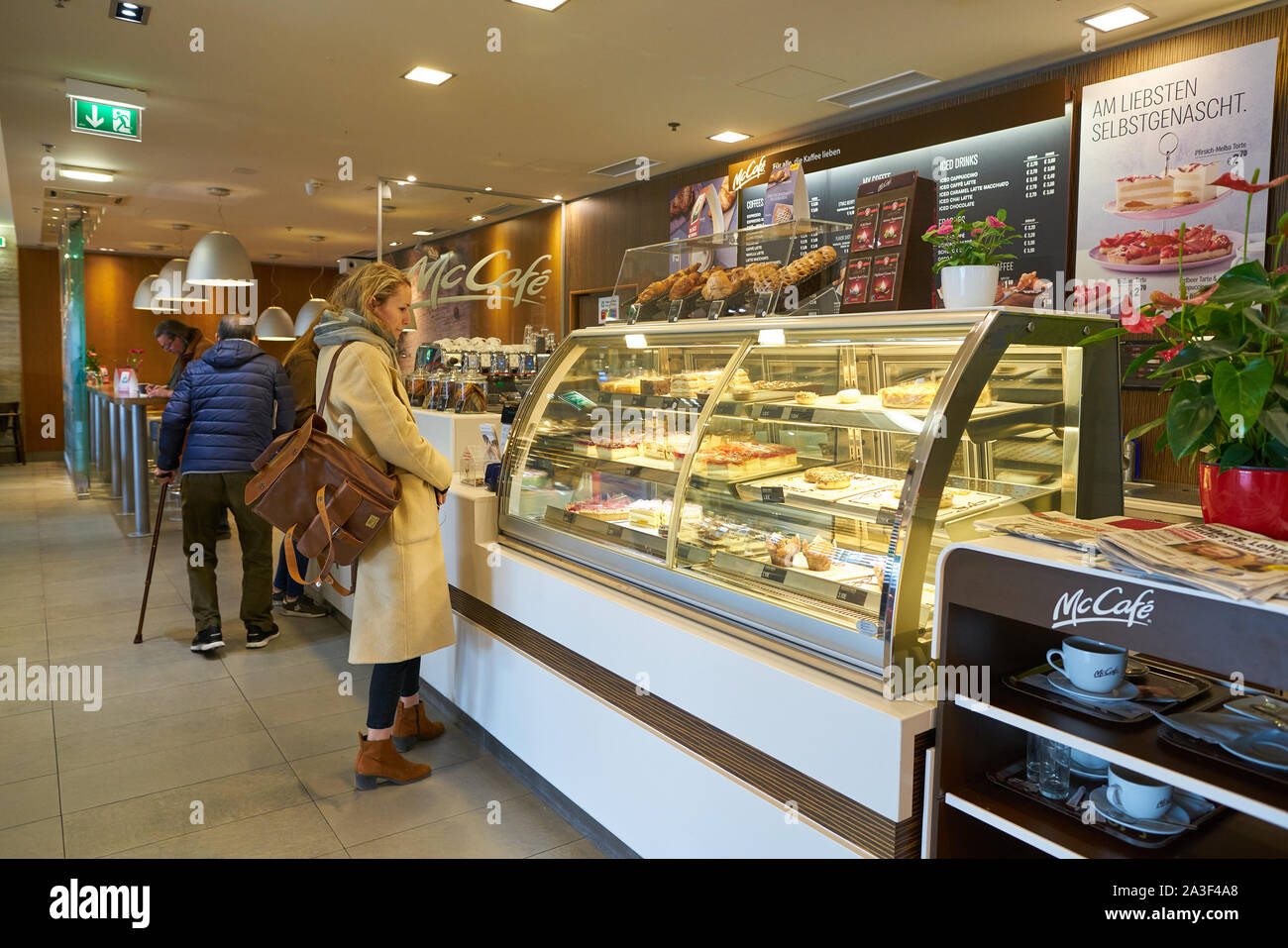 VIENNA, AUSTRIA - CIRCA MAY, 2019: display case at McCafe in McDonald's ...