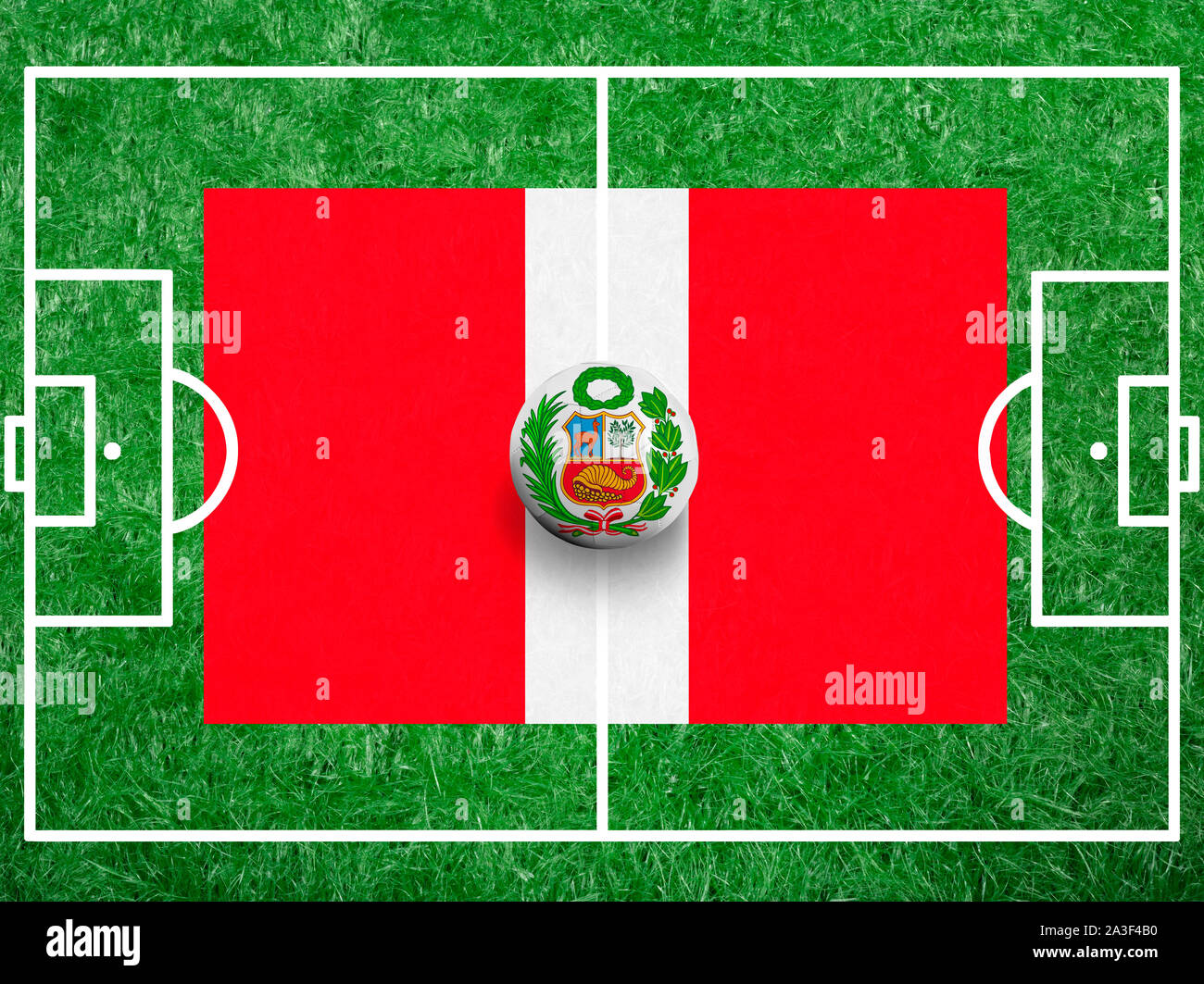 Soccer ball with a flag of Peru on green grass and field Lines Stock ...