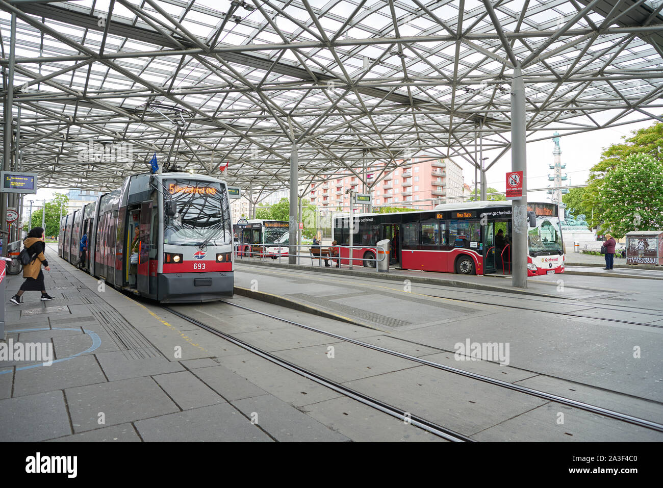 VIENNA, AUSTRIA - CIRCA MAY, 2019: a tramway and a bus seen at Wien ...