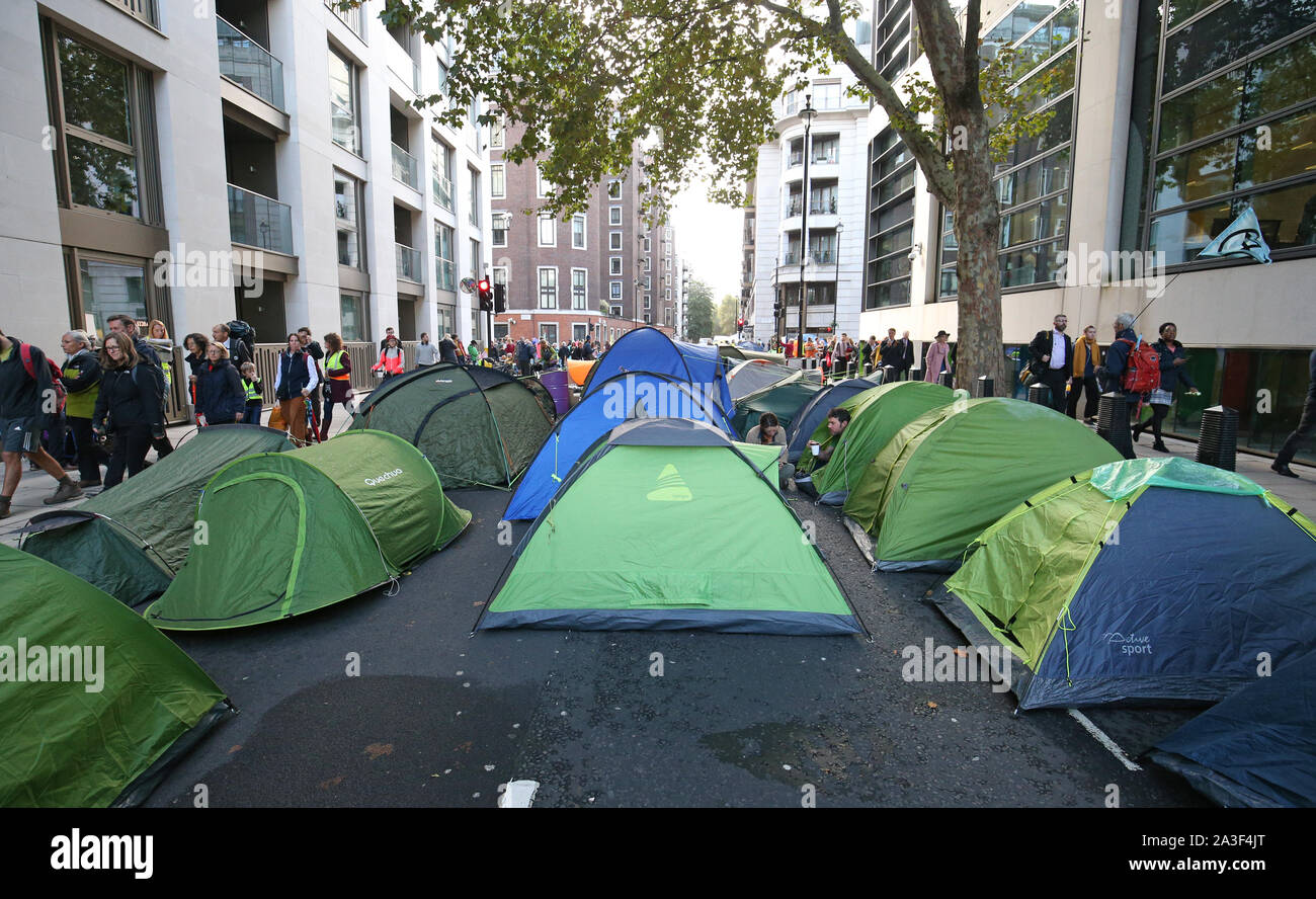 Extinction Rebellion (XR) protesters who have set up camp on Horseferry ...