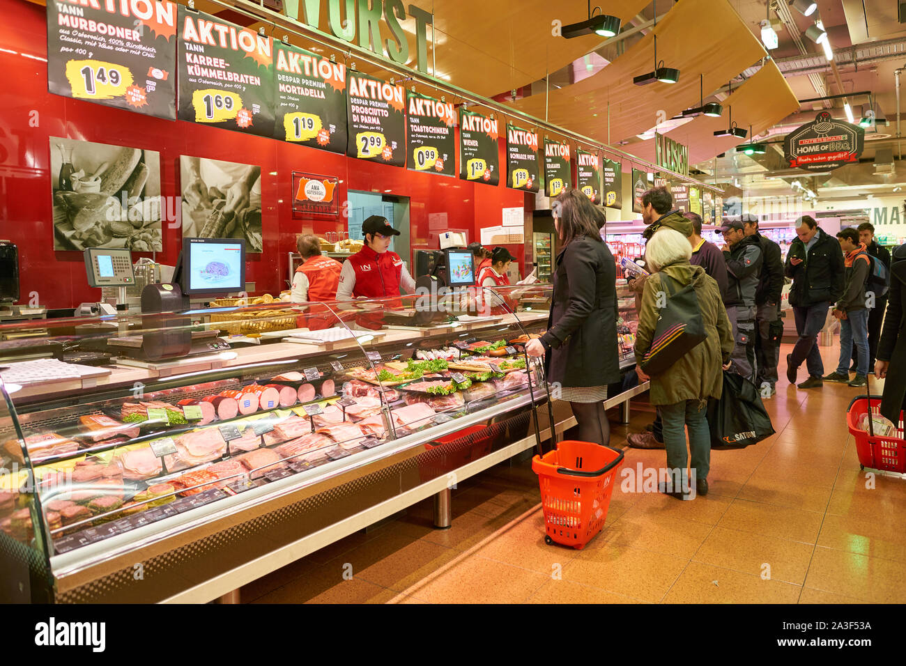 VIENNA, AUSTRIA - CIRCA MAY, 2019: interior shot of InterSPAR store in ...