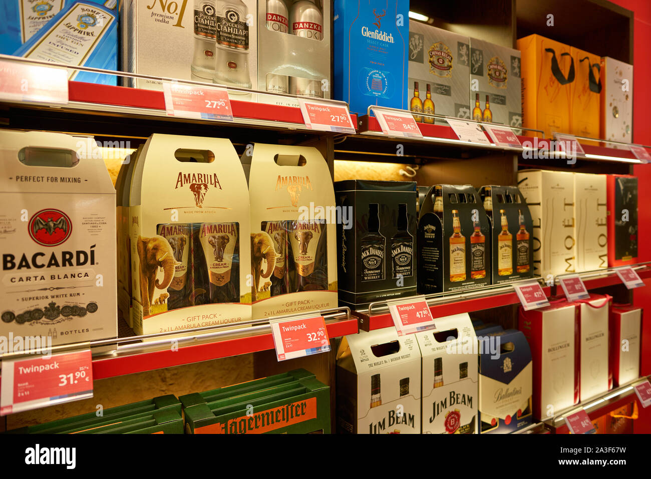 VIENNA, AUSTRIA - CIRCA MAY, 2019: a broad range of alcoholic drinks on ...