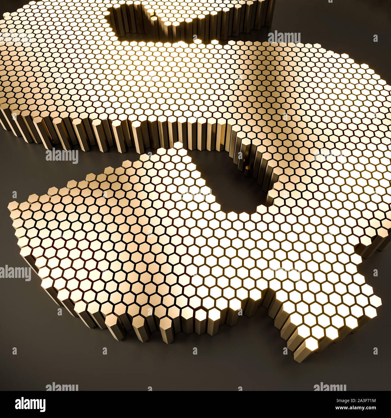 3d render of gold dollar symbol constructed with hexagonal shapes of ...