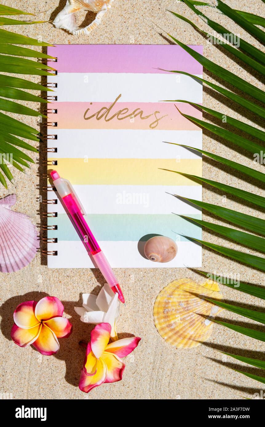 Top view of Traveller’s notebook with pen on sand with palm tree ...
