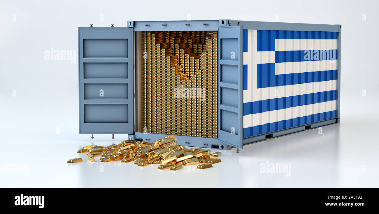 Freight Container with Greece flag filled with Gold bars. Some Gold ...