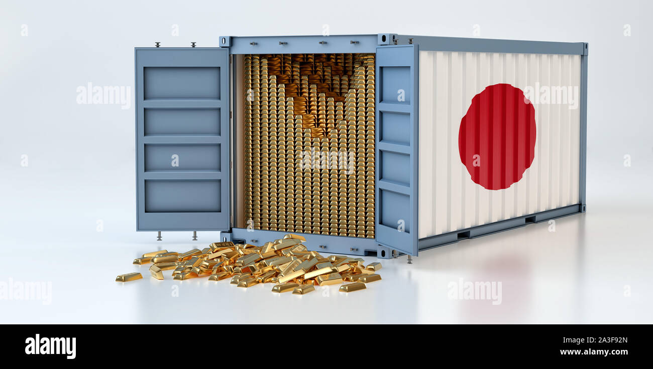 Freight Container with Japan flag filled with Gold bars. Some Gold bars ...