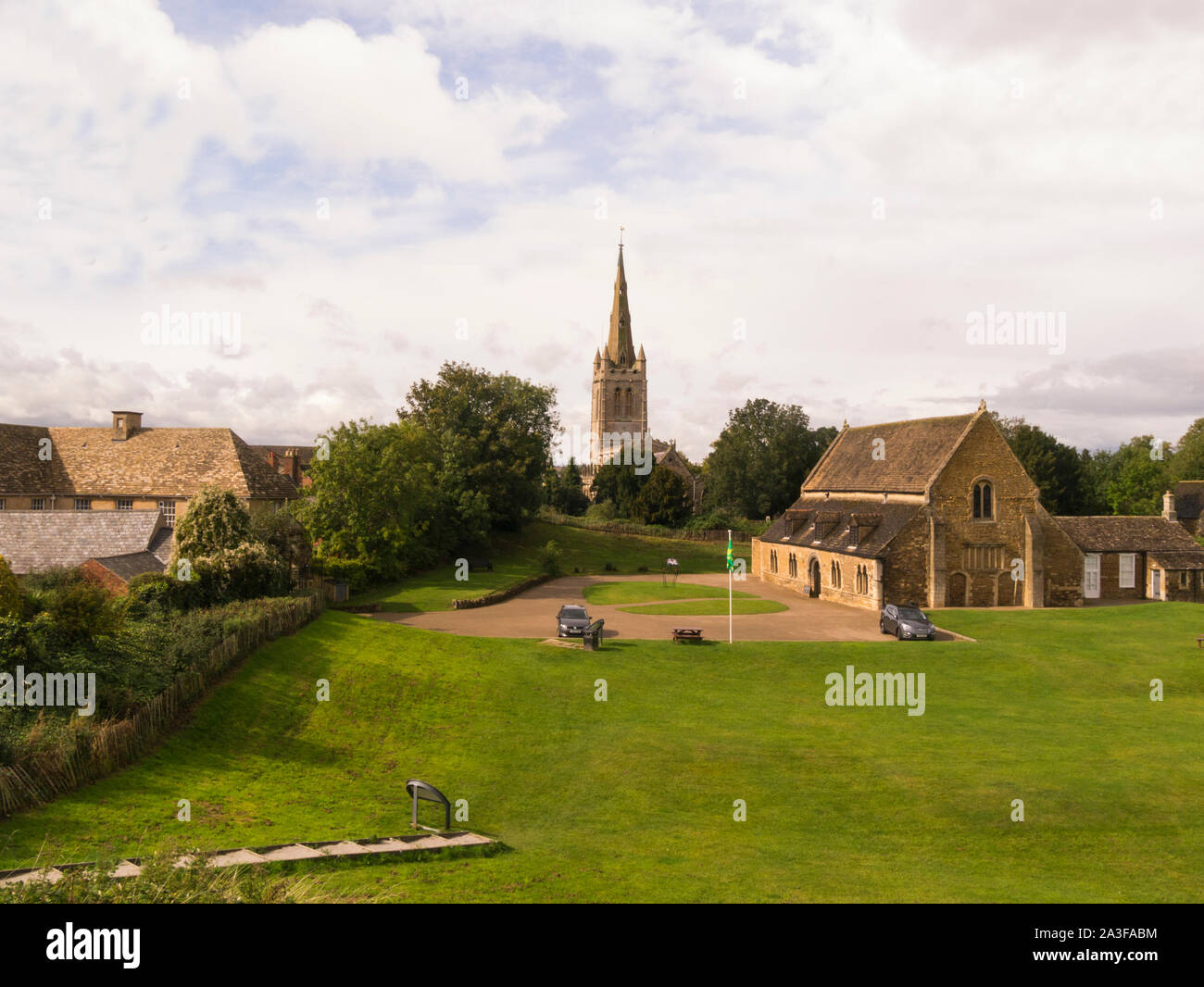 View down to Great Hall of Oakham Cast;e and the impressive All Saints ...