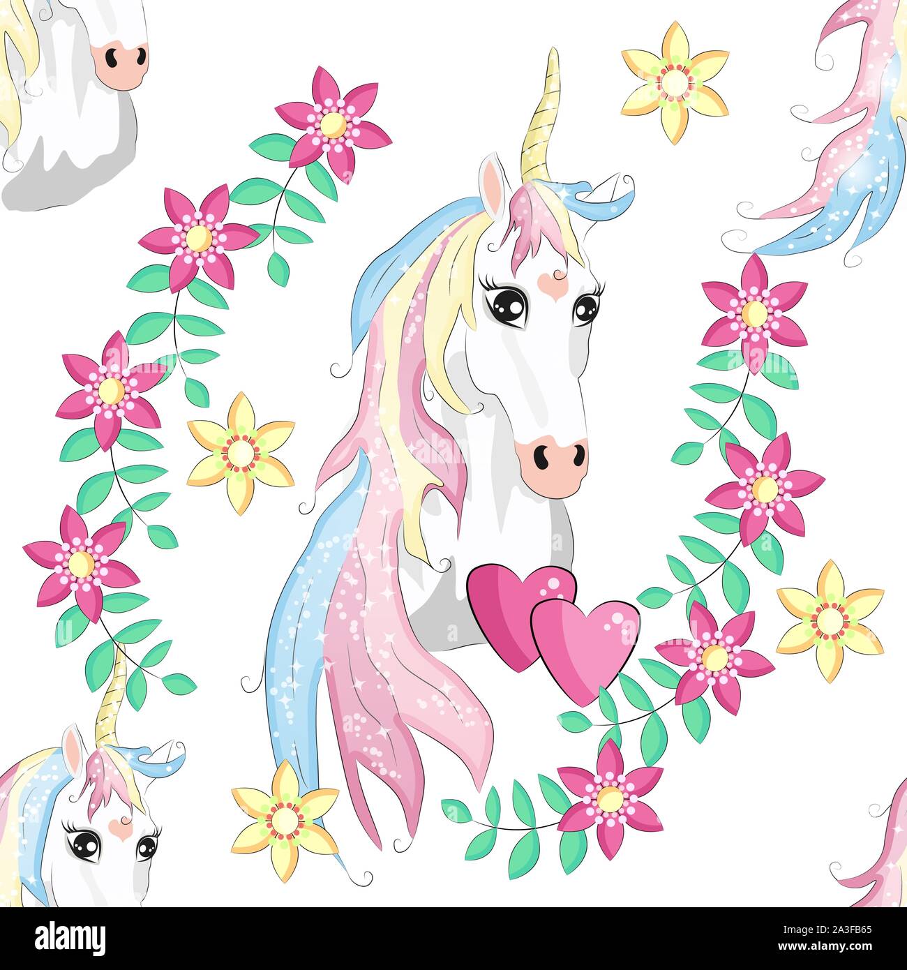 Unicorn, rainbow and magic wand pastel colors seamless pattern Stock ...